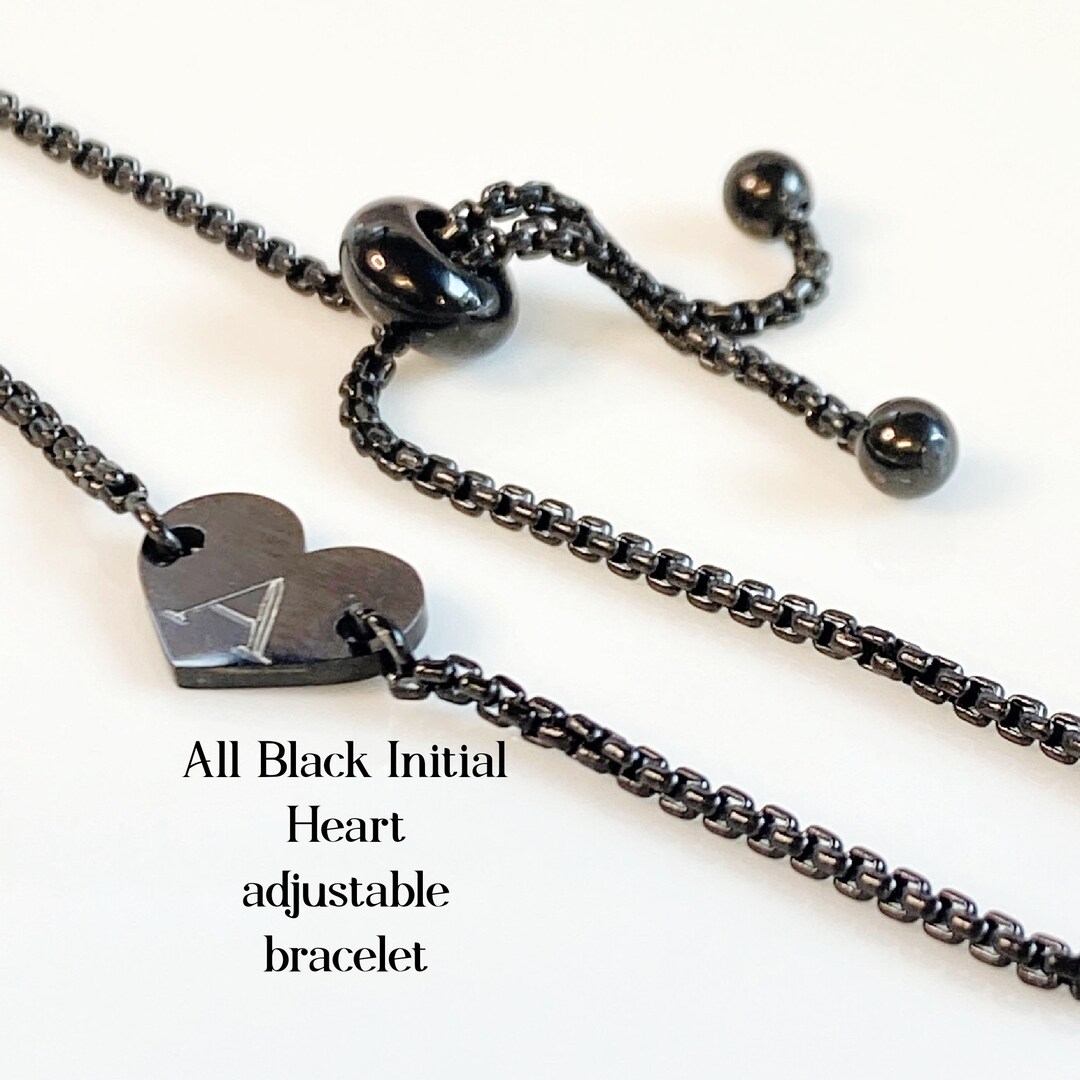 Personalized Initial Heart Bracelet, Black Box Chain, Adjustable Slider ...