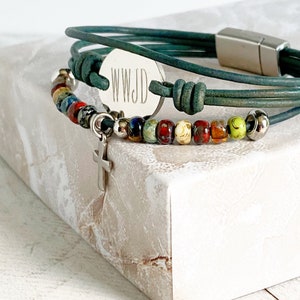 WWJD Leather Cross Bracelet, Confirmation Gift, Leather Bracelet, Cross ...