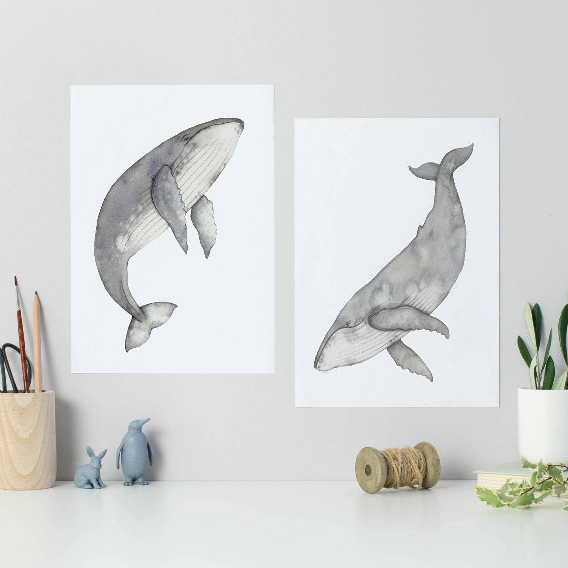 Watercolour whale prints set of two humpback whales | Etsy