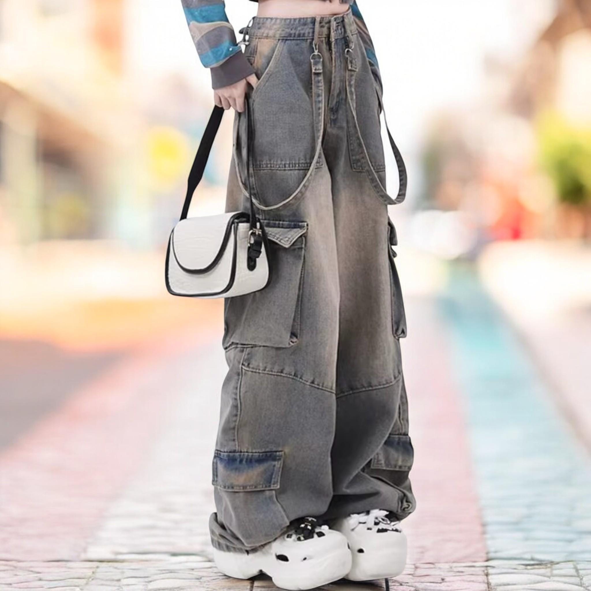 Y2k Vintage Low Waist Wide Leg Denim Trousers Baggy Cargo Blue Jeans ...