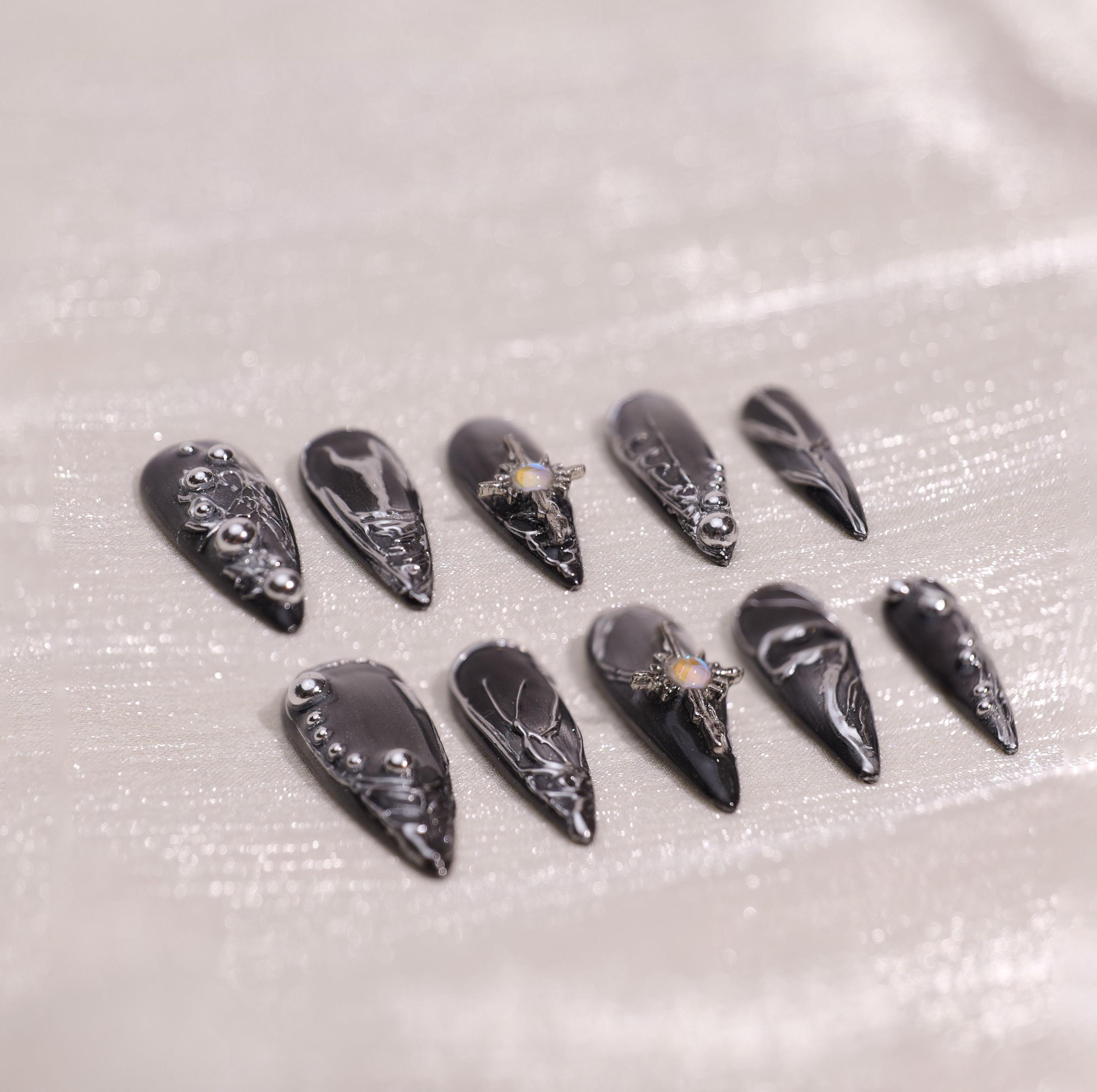 Stiletto Silver Press-on Nails: Gothic Y2K Nail Art - Etsy