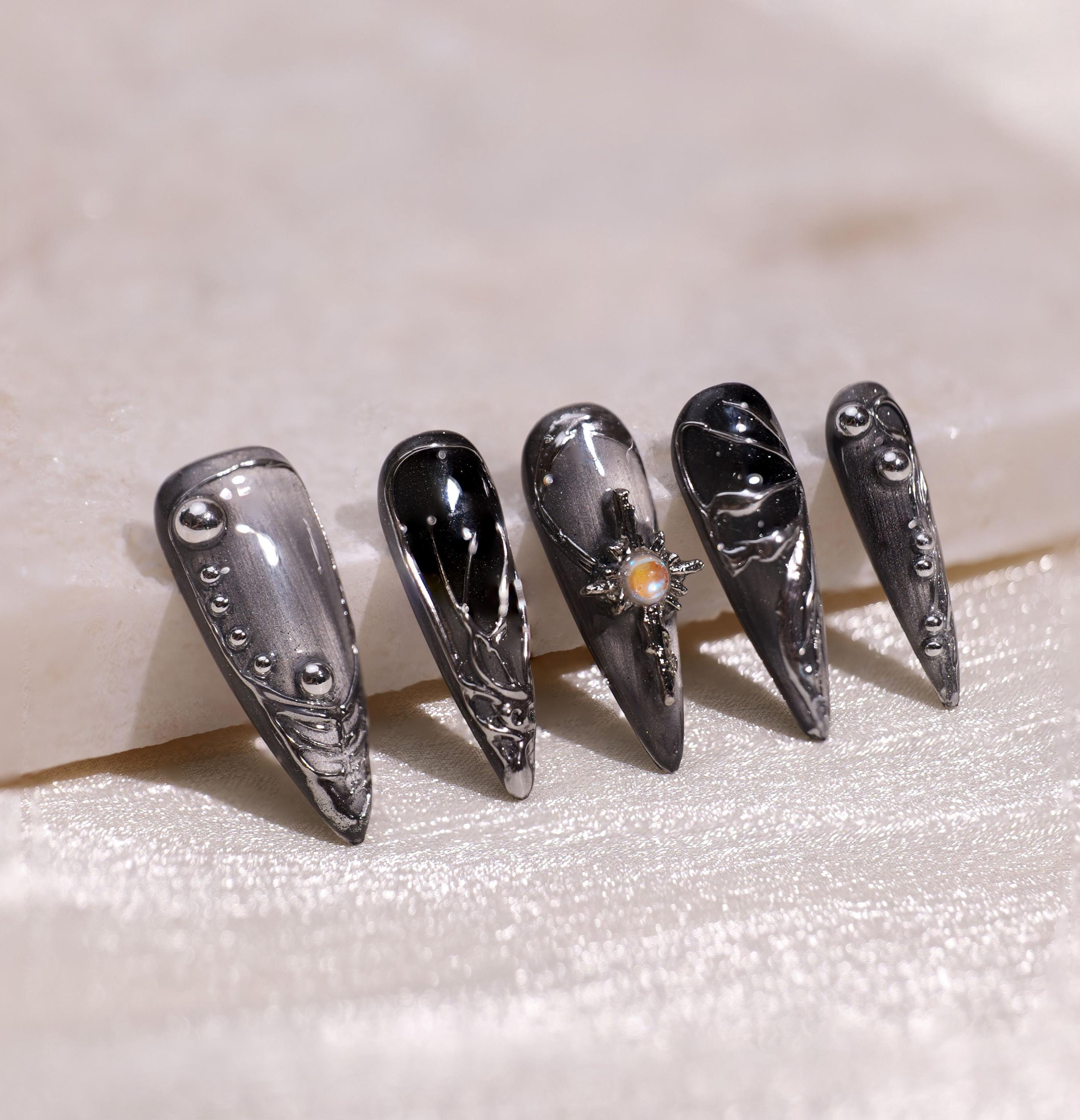 Stiletto Silver Press-on Nails: Gothic Y2K Nail Art - Etsy