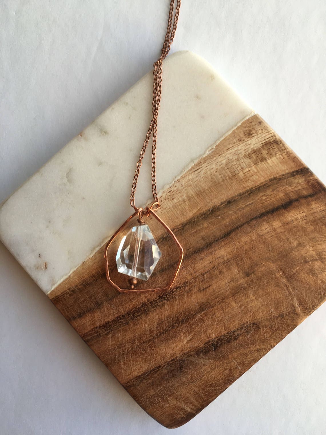 Hammered Copper Geomtric Glass Pendant Necklace Long Pendant | Etsy