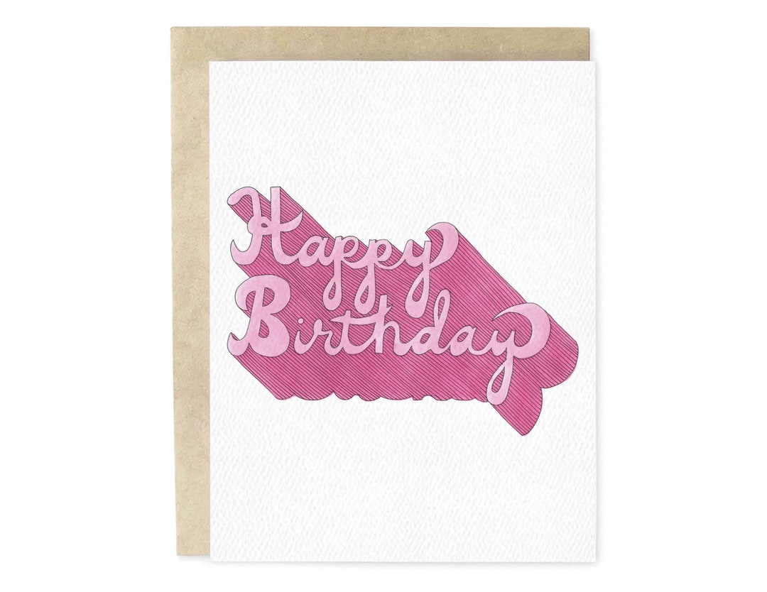 Hand-illustrated Pink Happy Birthday Greeting Card - Etsy