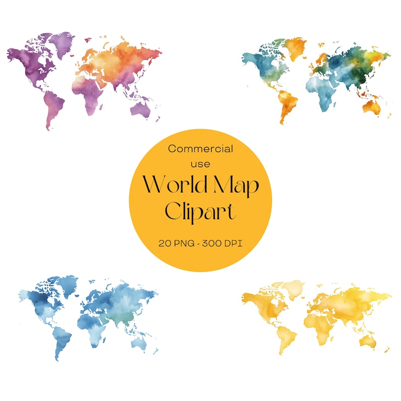 World Map Clipart | Wanderlust Clipart | World Map Watercolor Style ...