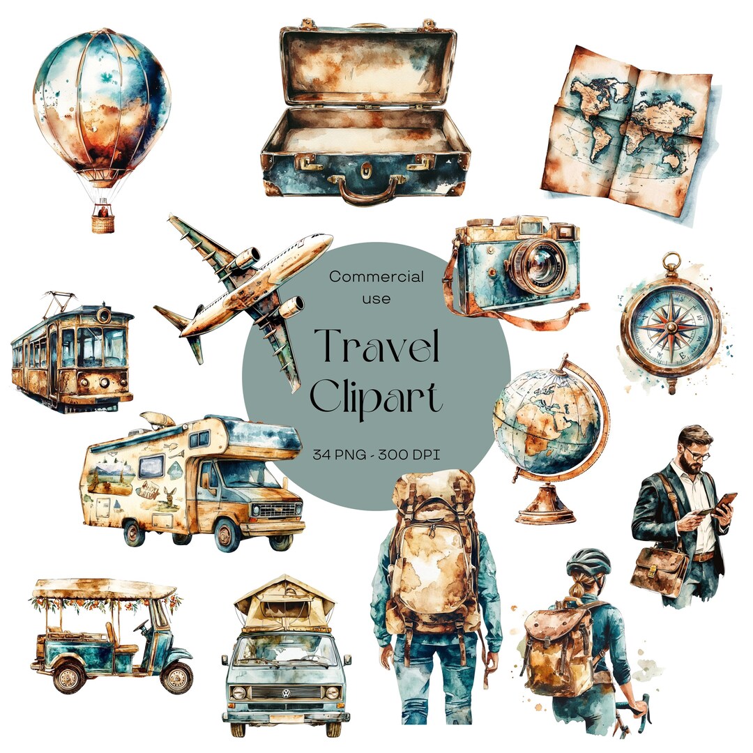 Vintage Travel Clipart Bundle Adventure Watercolor Graphics Travel Pngs ...