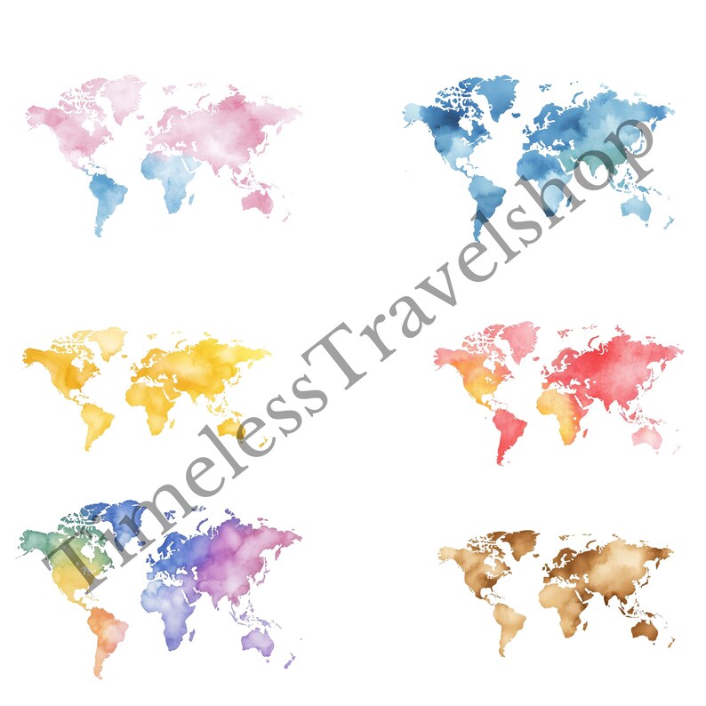 World Map Clipart | Wanderlust Clipart | World Map Watercolor Style ...