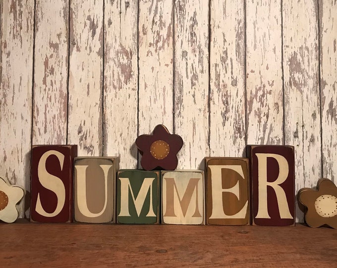 Primitive Summer Tall Block Set With Flowers-decoration-home Decor ...