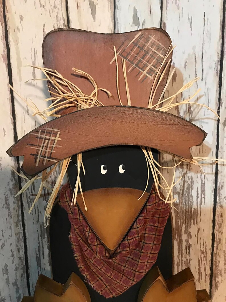 Primitive Fall Wood Crow Sitting With Homespun Scarf - Fall Harvest ...