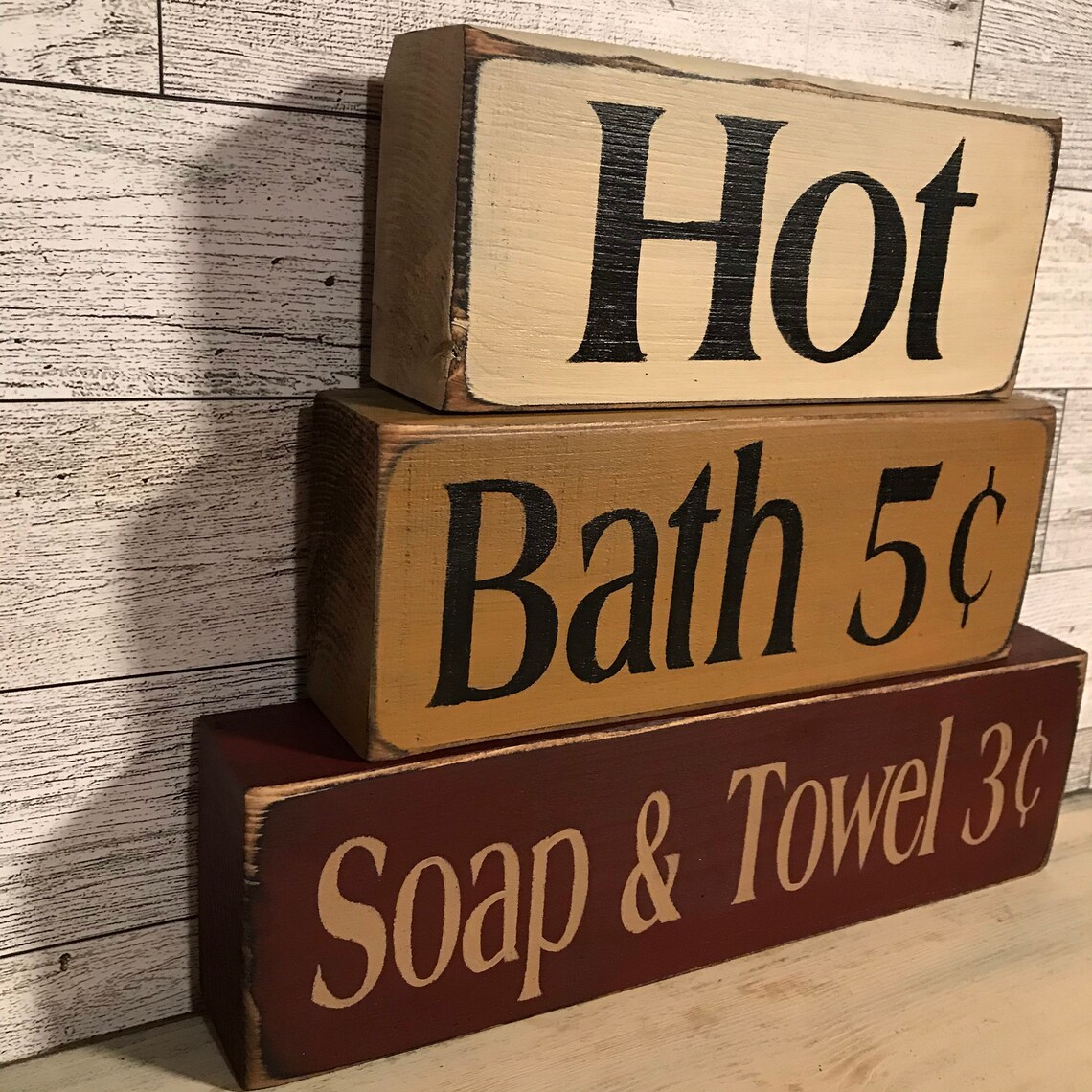 Hot Bath 5 Cents-soap and Towel 3 Cents Primitive Wood Stacking Blocks ...