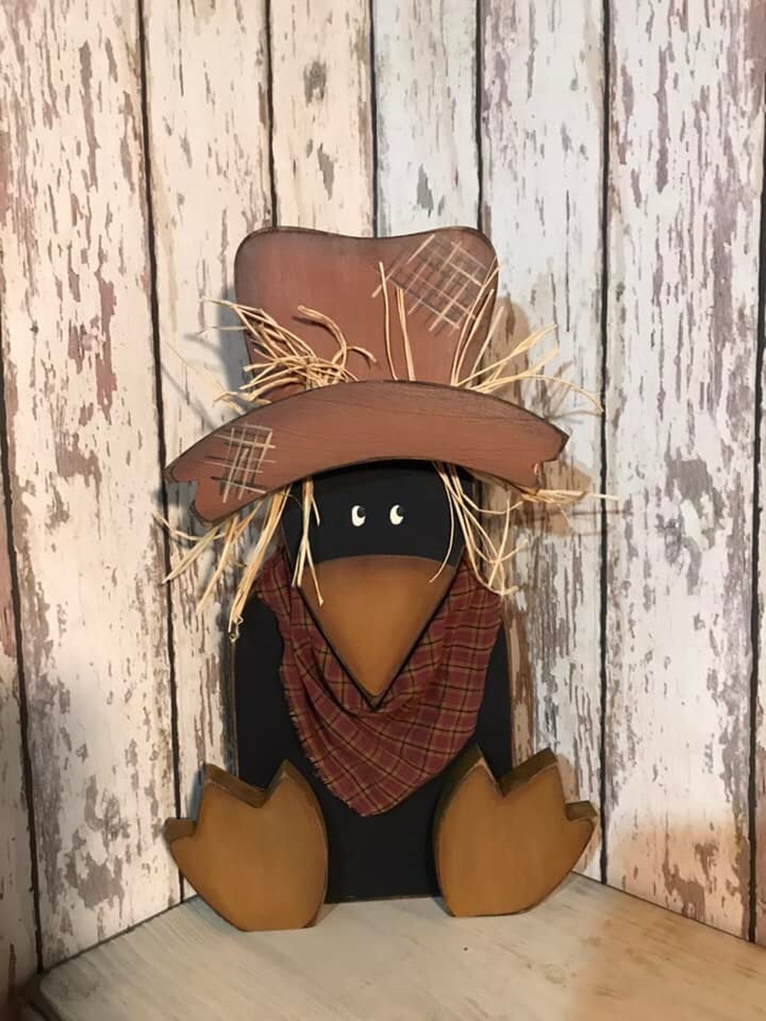 Primitive Fall Wood Crow Sitting With Homespun Scarf - Fall Harvest ...