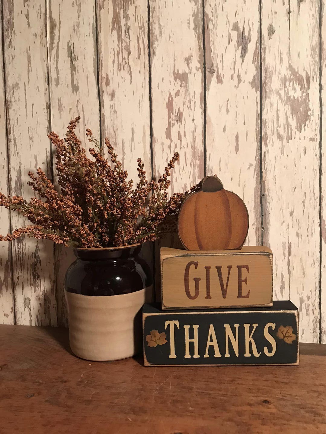 Give Thanks Primitive Wood Stacking Block / Shelf Sitter-primitive Fall ...