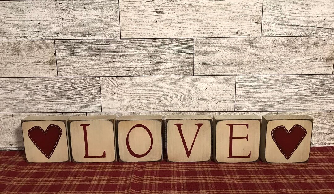 LOVE With Folk Hearts Primitive Wood Block Set With Color Options 2.5 ...