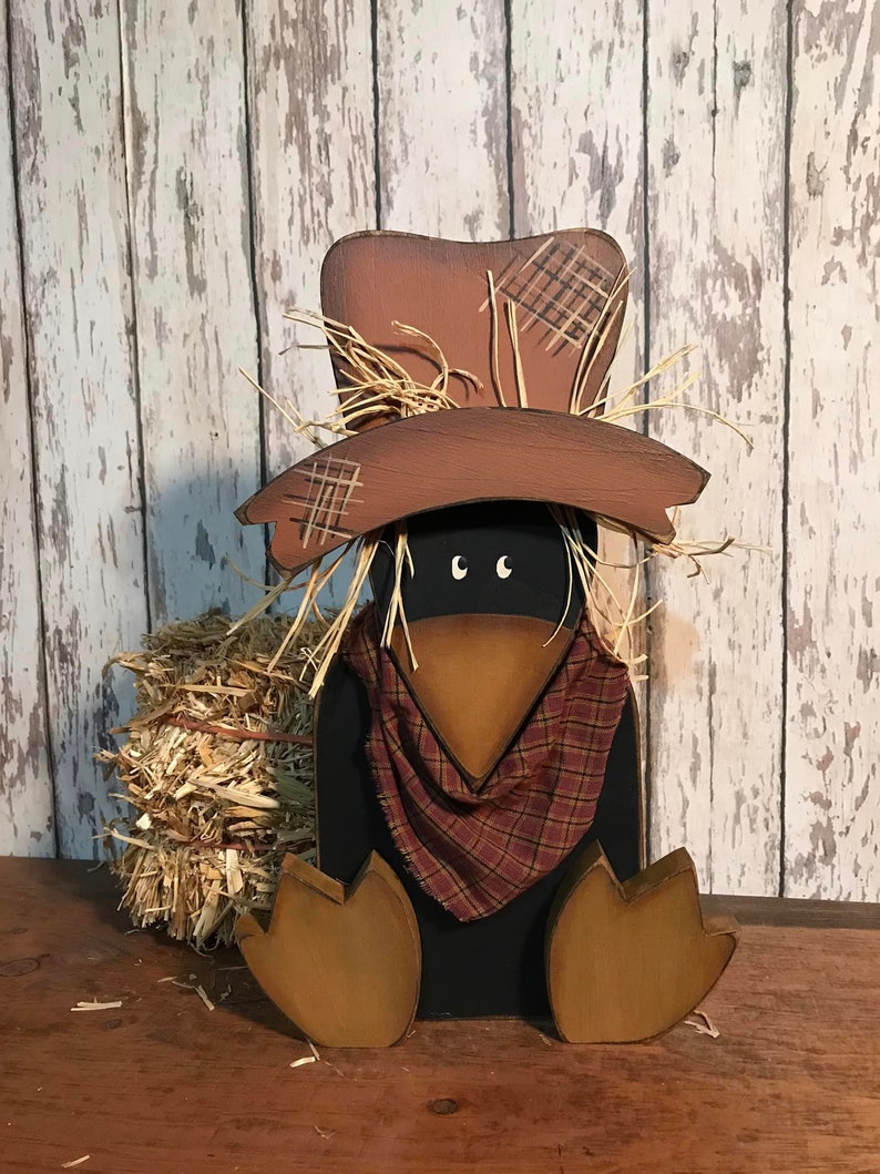 Primitive Fall Wood Crow Sitting With Homespun Scarf - Fall Harvest ...