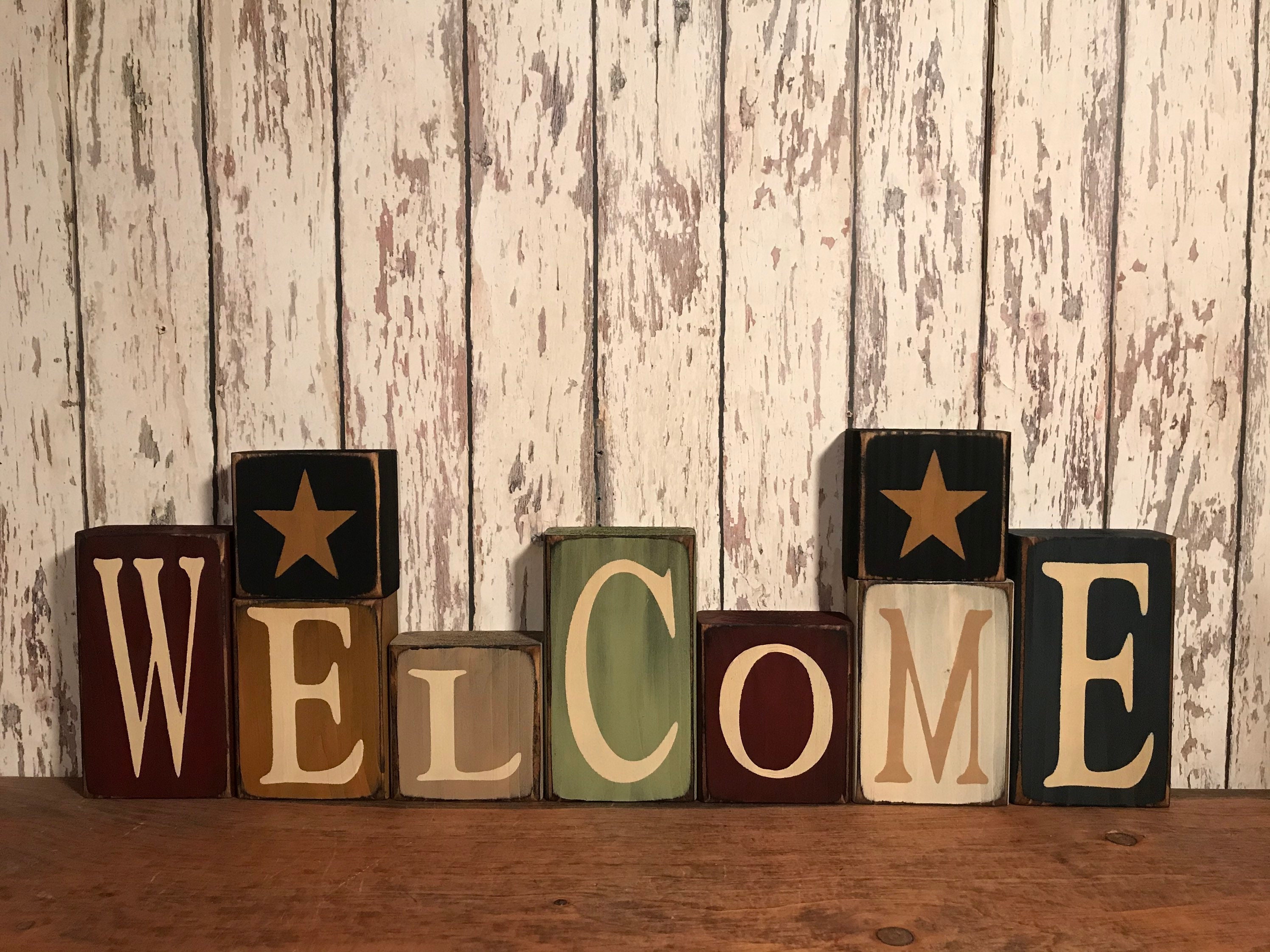 Primitive Welcome Wood Block Set-color Choices-shelf Sitter-decoration ...