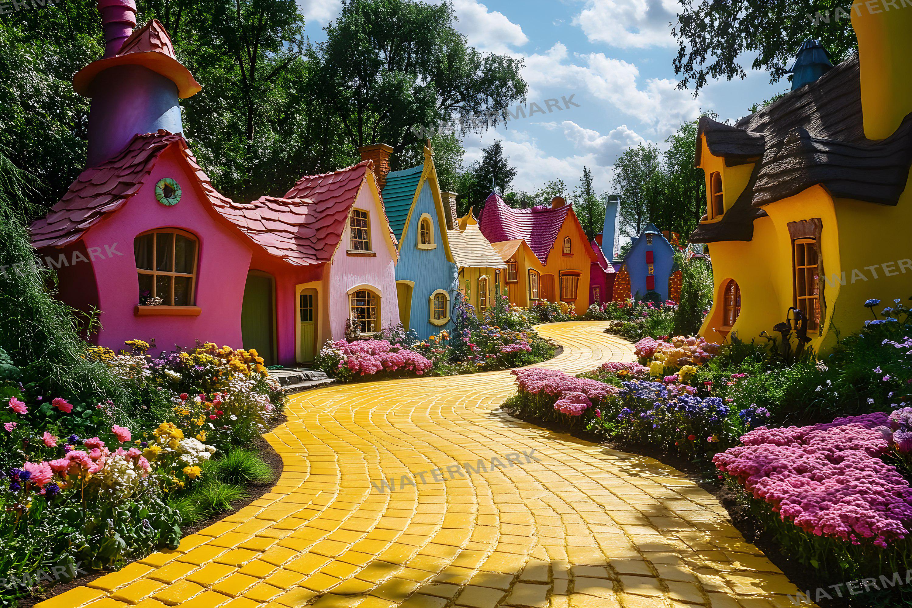 Munchkinland Wizard of Oz Backdrops - Whimsical Yellow Brick Road ...