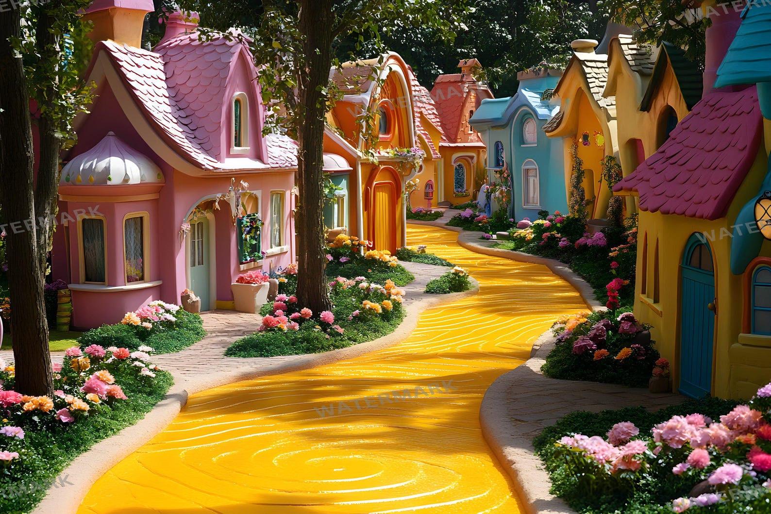 Munchkinland Wizard of Oz Backdrops - Whimsical Yellow Brick Road ...