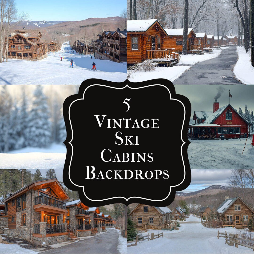 Vintage Ski Cabin Digital Backdrop Set, Cozy Winter Scene Photography ...