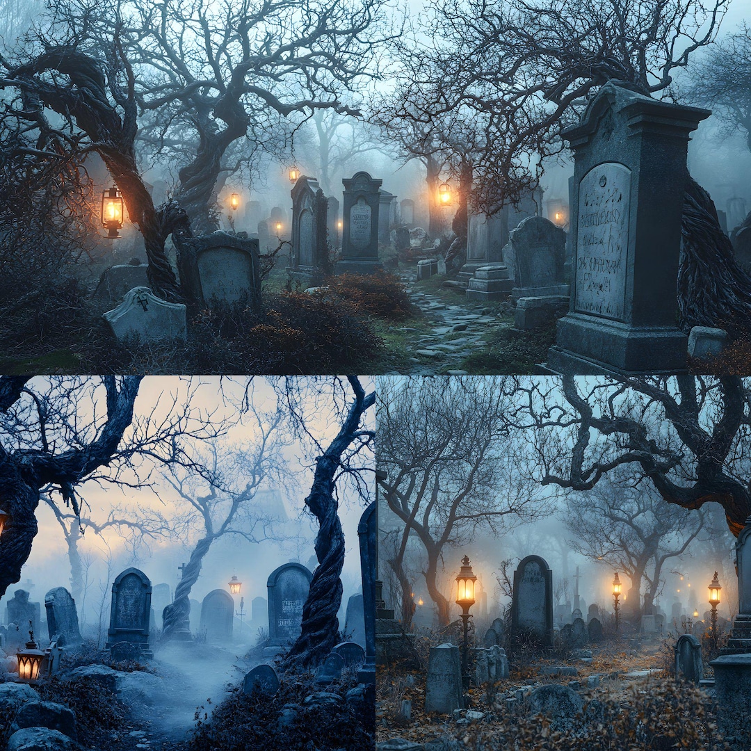 Spooky Graveyard Digital Backdrop, Twilight Cemetery Background for ...