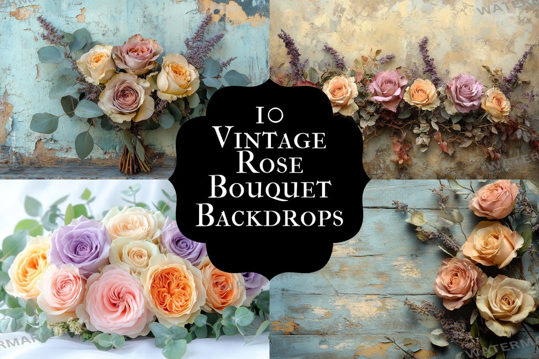 Vintage Rose Bouquet Digital Backdrops, Floral JPG Overlays, Shabby ...