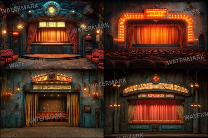 Vintage Cinema Hall Backdrop Set, Retro Movie Theater Backgrounds ...