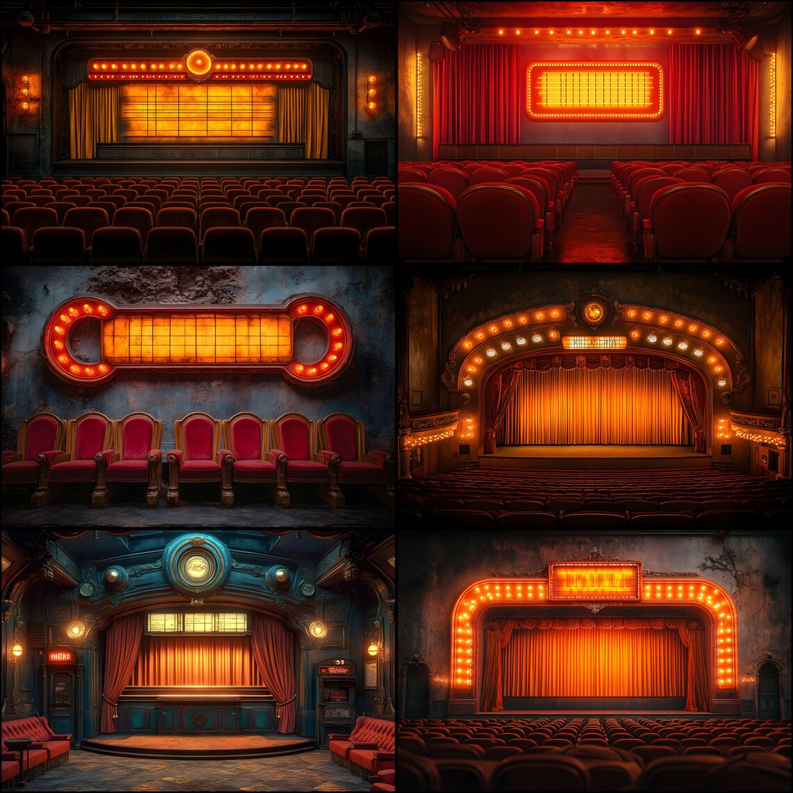 Vintage Cinema Hall Backdrop Set, Retro Movie Theater Backgrounds ...