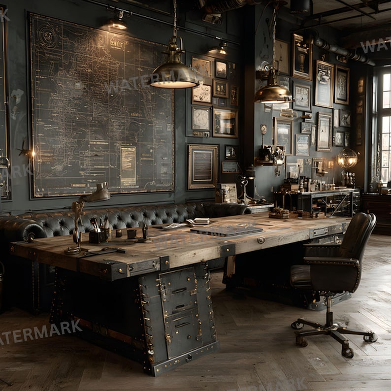 Steampunk Office Desk Digital Backdrop, Industrial Background for ...