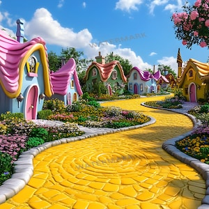 Munchkinland Wizard of Oz Backdrops - Whimsical Yellow Brick Road ...