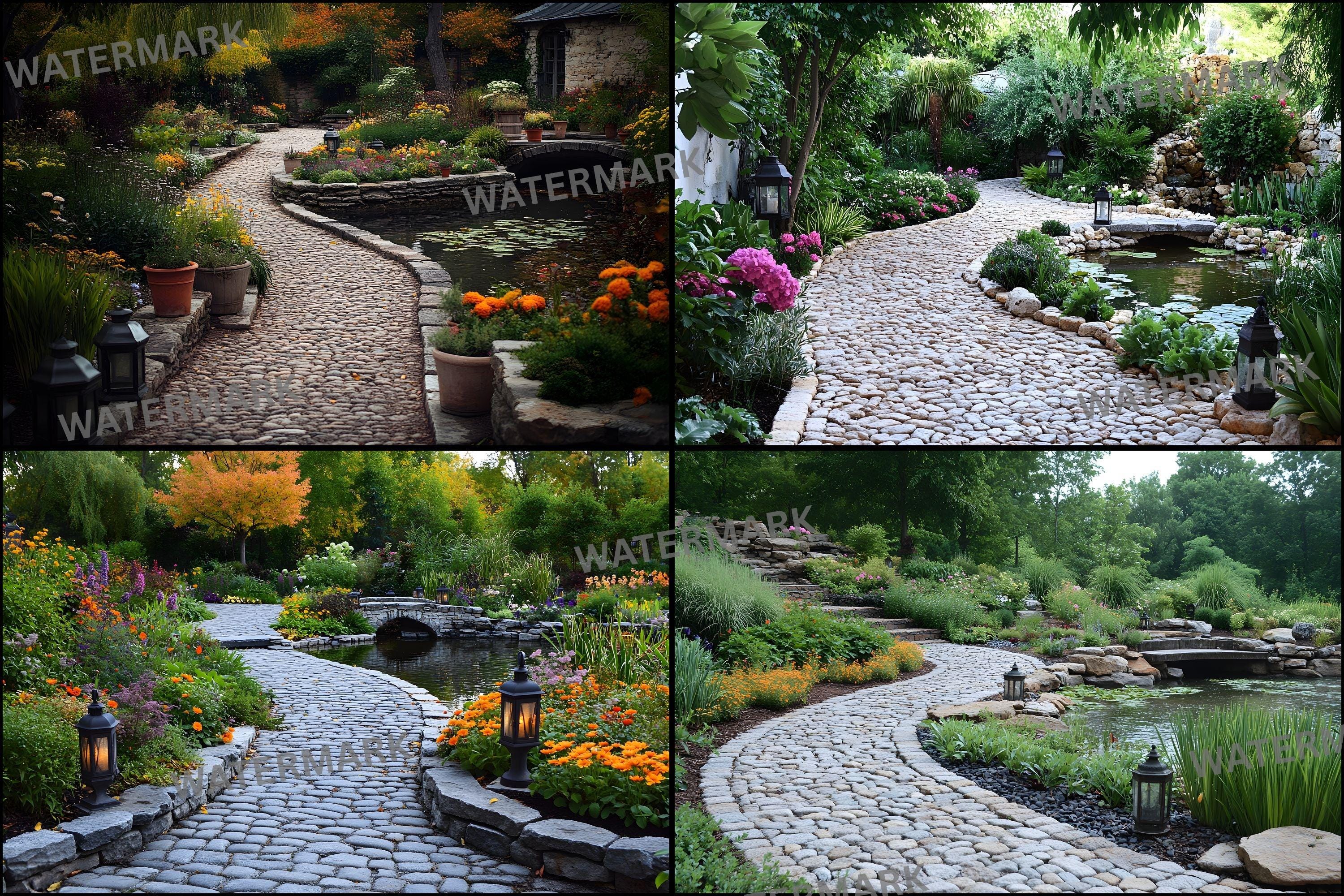 French Cobblestone Botanical Garden Digital Backdrop, Photography ...