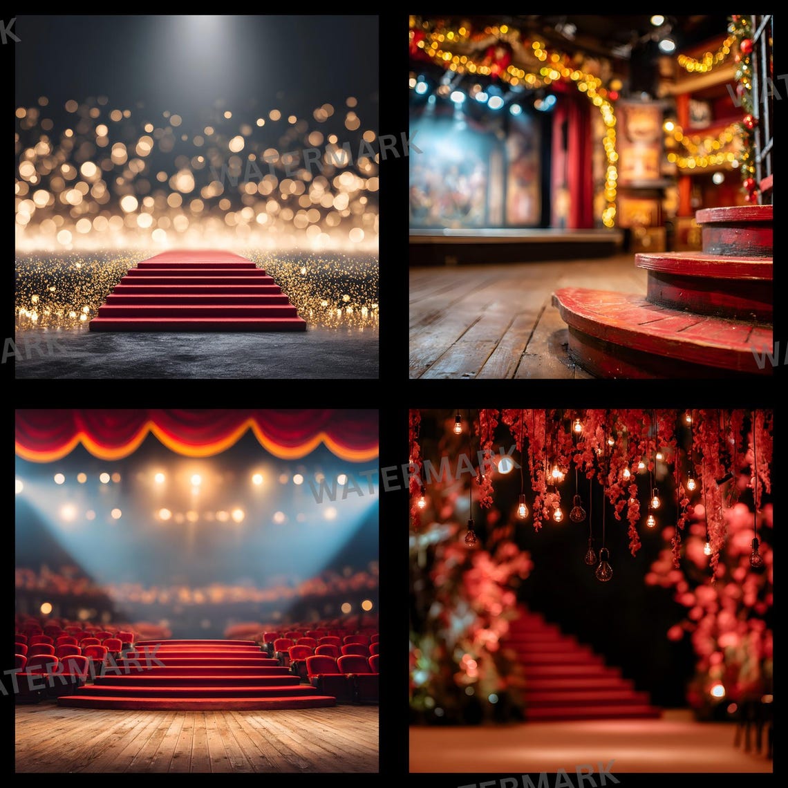 Theater Stage Digital Backdrop, Red Stairs Spotlight Background ...