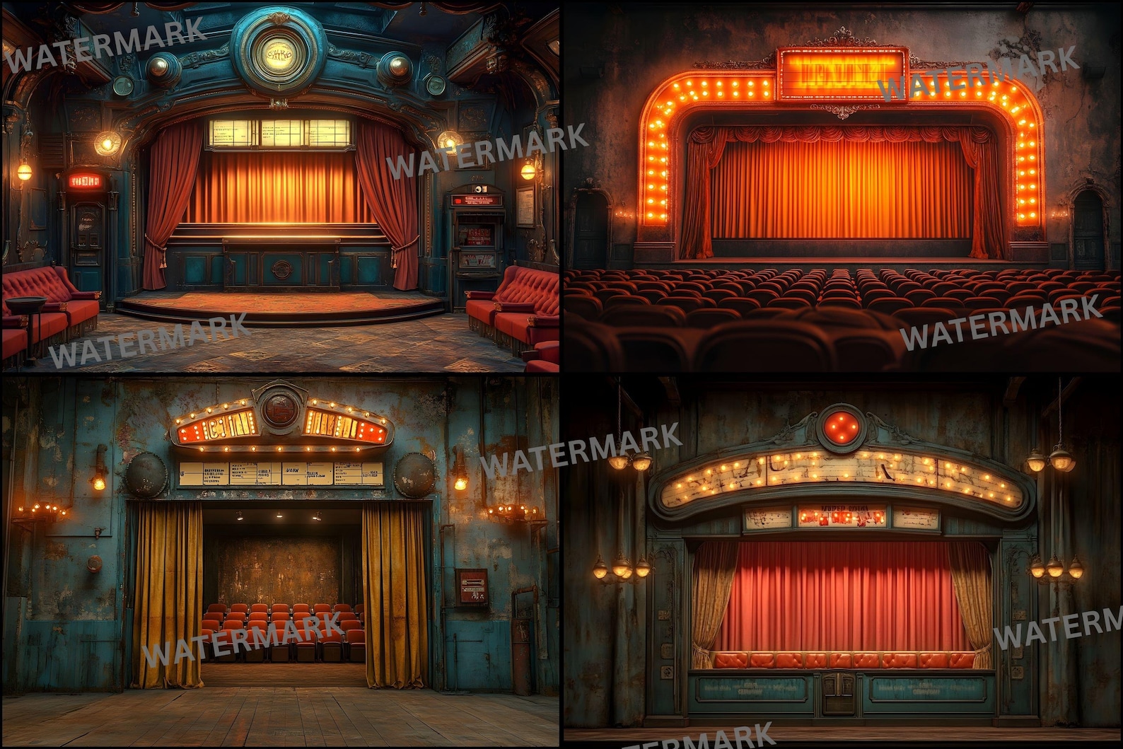 Vintage Cinema Hall Backdrop Set, Retro Movie Theater Backgrounds ...