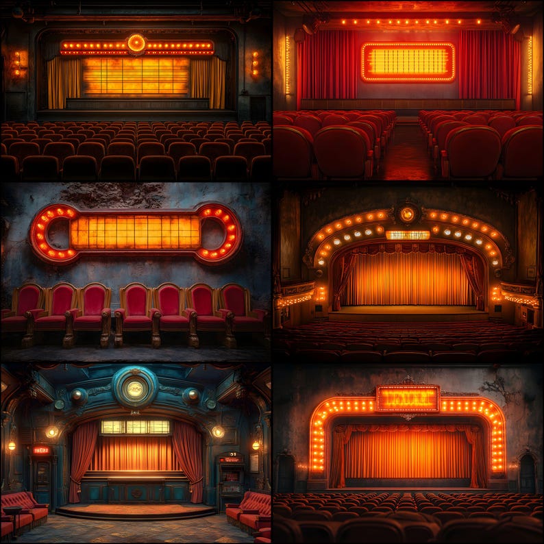 Vintage Cinema Hall Backdrop Set, Retro Movie Theater Backgrounds ...