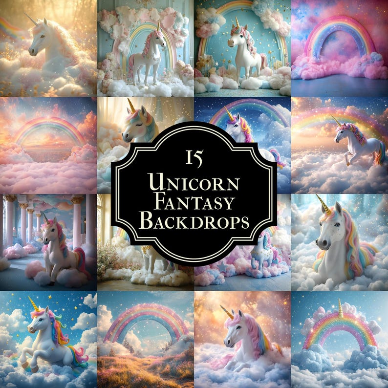 15 Unicorn Fantasy Backdrops Magical Enchanted Clouds, Mythical Digital Backgrounds, Photoshop ...