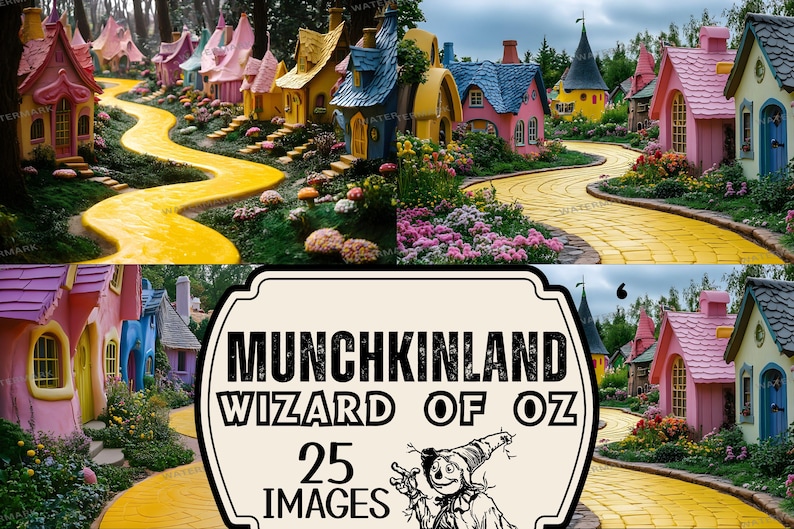 Munchkinland Wizard of Oz Backdrops - Whimsical Yellow Brick Road ...