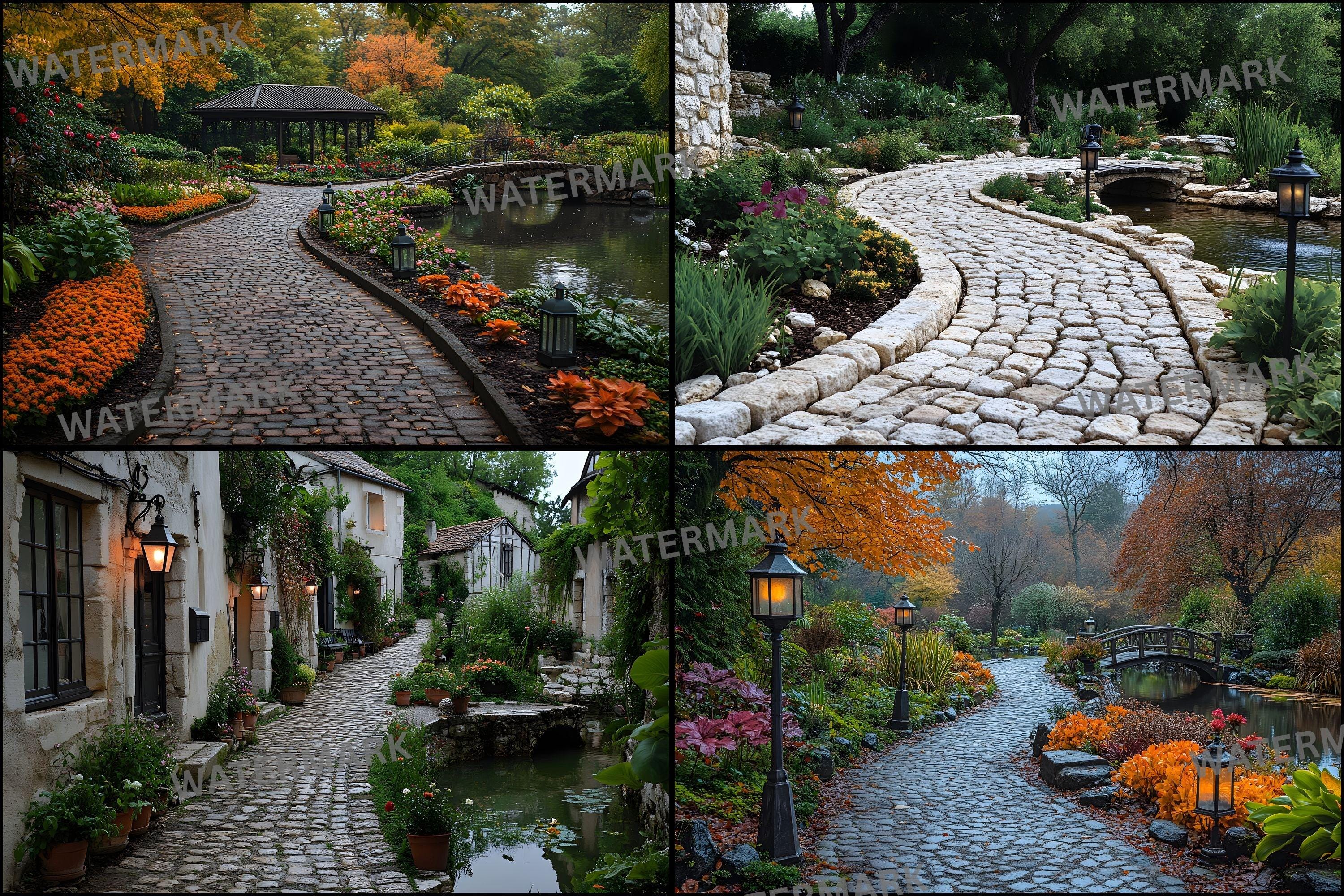 French Cobblestone Botanical Garden Digital Backdrop, Photography ...