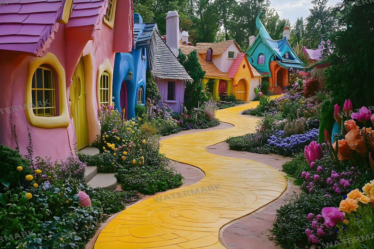 Munchkinland Wizard of Oz Backdrops - Whimsical Yellow Brick Road ...