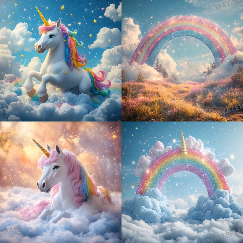 15 Unicorn Fantasy Backdrops Magical Enchanted Clouds, Mythical Digital Backgrounds, Photoshop ...