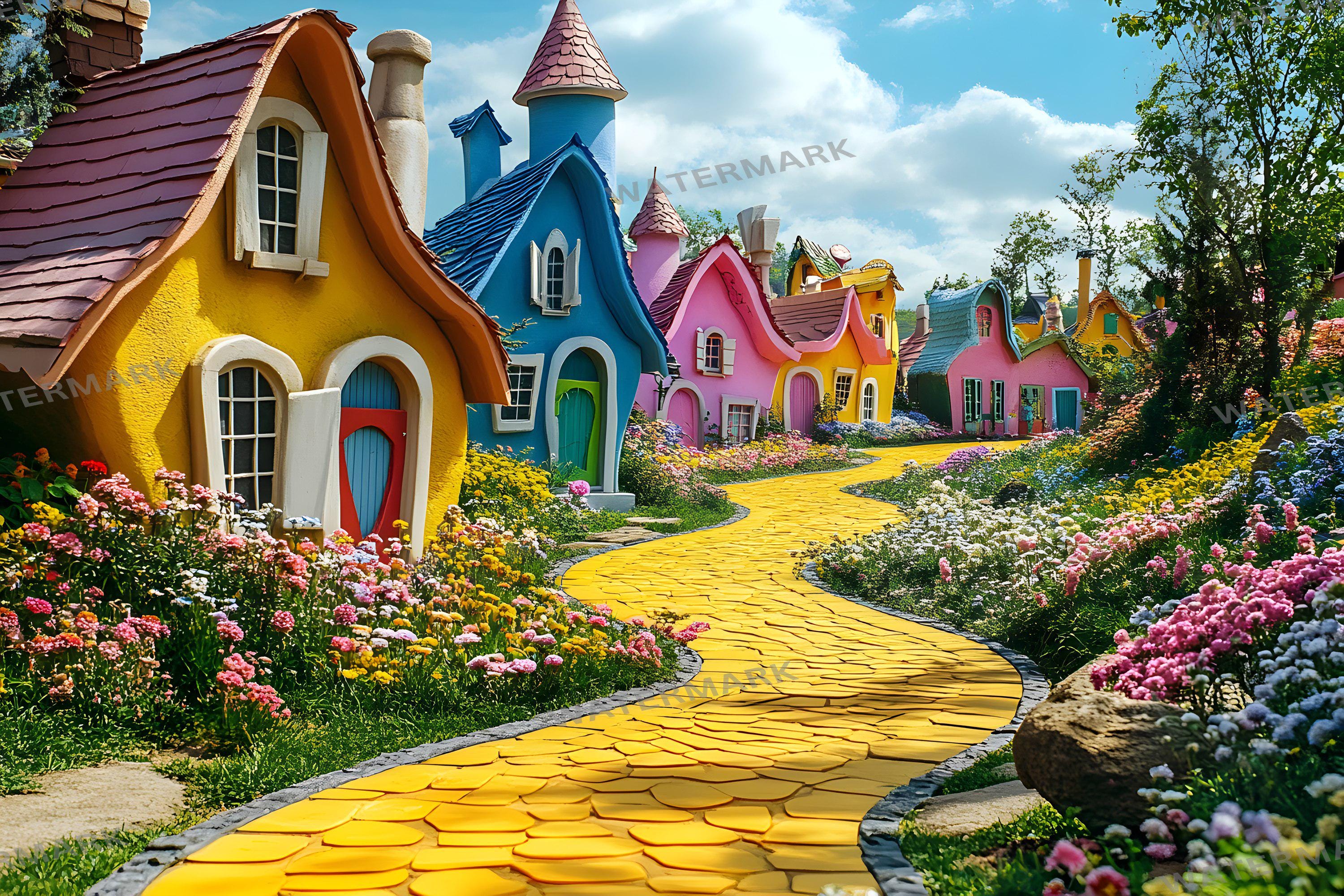 Munchkinland Wizard of Oz Backdrops - Whimsical Yellow Brick Road ...