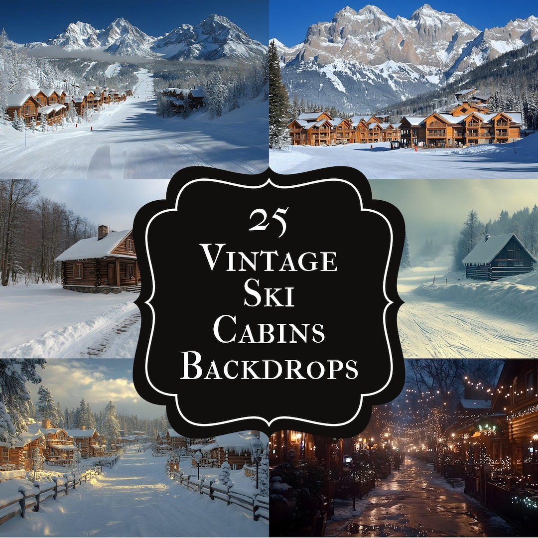 Vintage Ski Cabin Digital Backdrops, Winter Photography Backgrounds ...