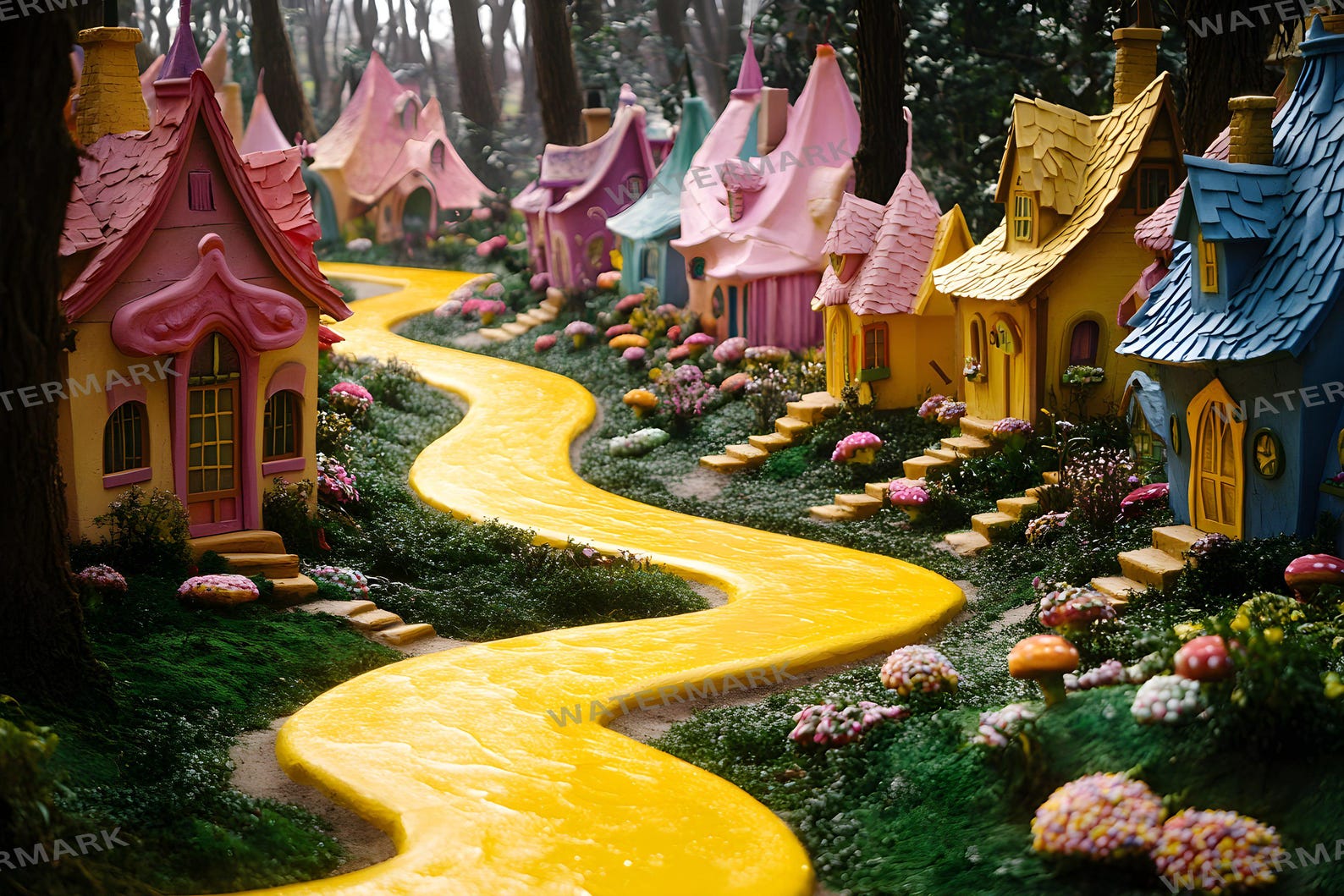 Munchkinland Wizard of Oz Backdrops - Whimsical Yellow Brick Road ...