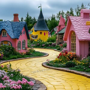 Munchkinland Wizard of Oz Backdrops - Whimsical Yellow Brick Road ...