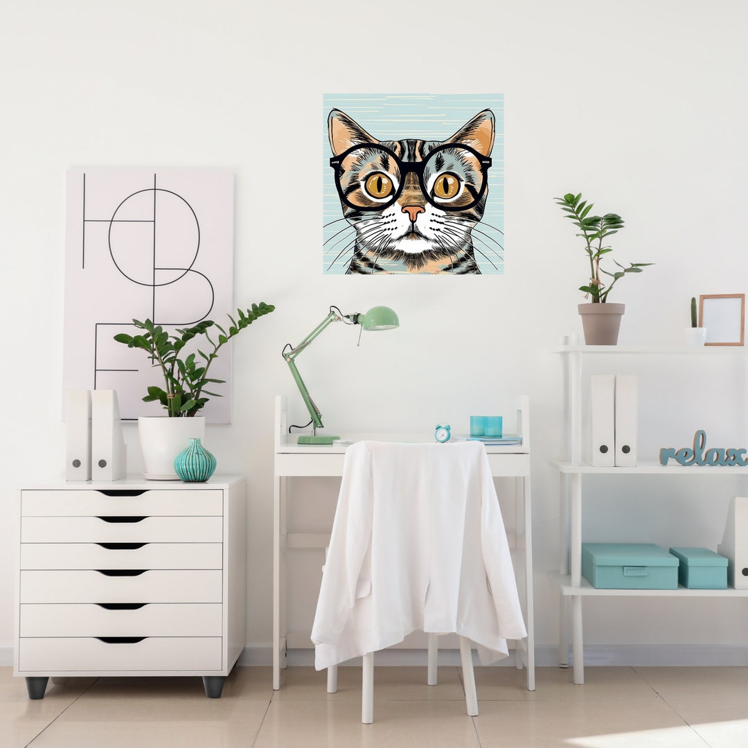 Canvas Gallery Wrap, Cat With Glasses Art, Square Wall Art Decor, Pop ...
