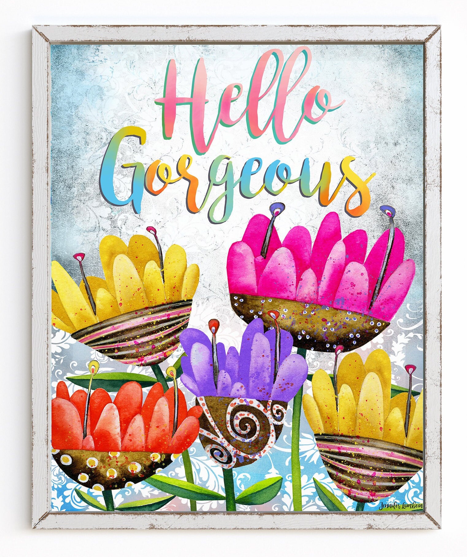 Hello Gorgeous Art Print Rustic Woodland Wildflowers Boho Wall Decor ...