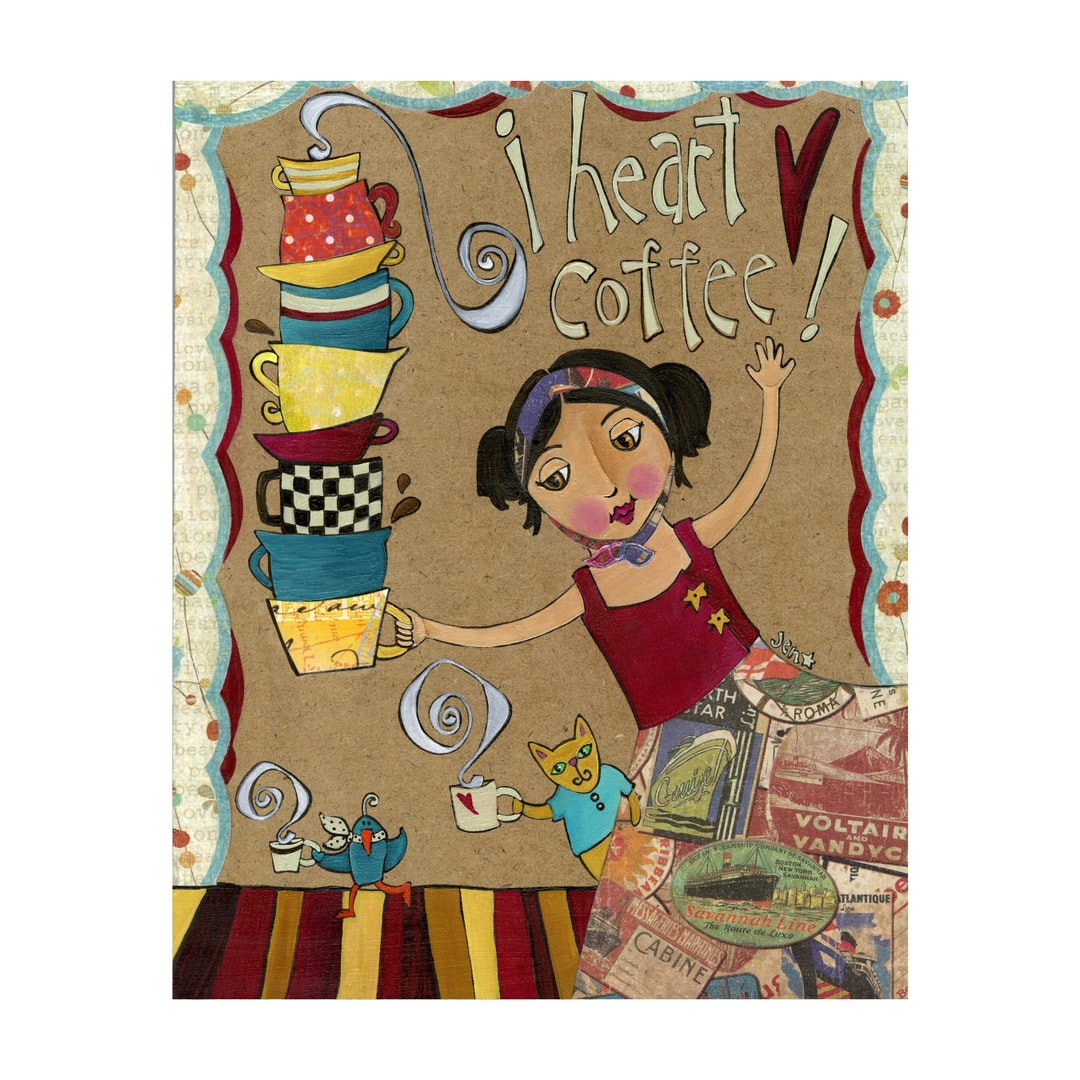 I Heart Coffee Art Print Coffee Lover Cat Bird Collage Heart Painting ...