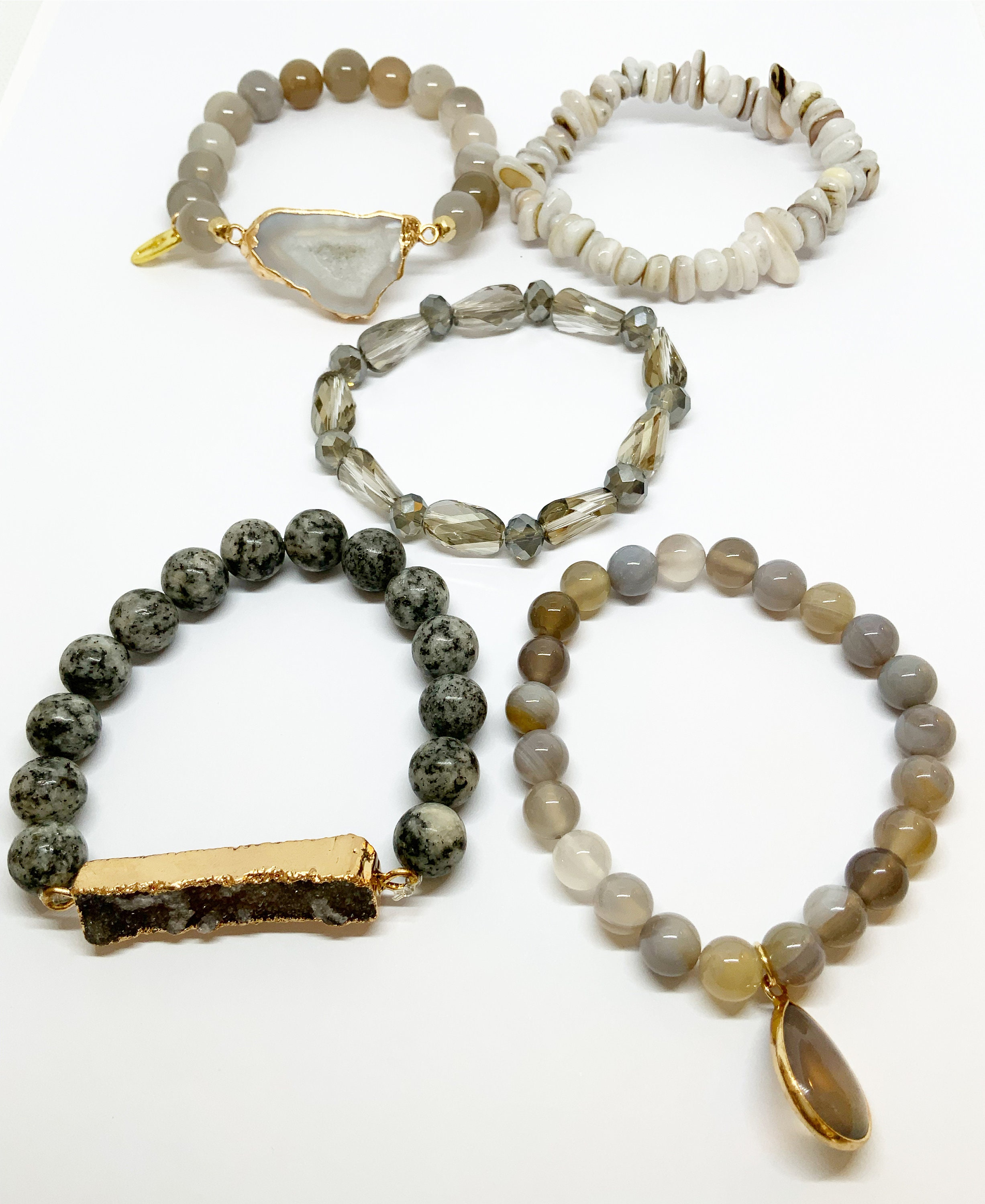 Grey Gemstone Stacked Bracelets Grey Agate Slice Bracelet Stack-5 Bracelet Stack-agate and ...