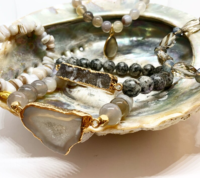 Grey Gemstone Stacked Bracelets Grey Agate Slice Bracelet Stack-5 Bracelet Stack-agate and ...