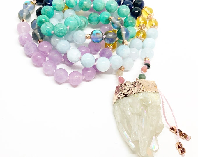 Mala Necklace With Mystic Aura Quartz Moonstone Aquamarine Blue Lace ...