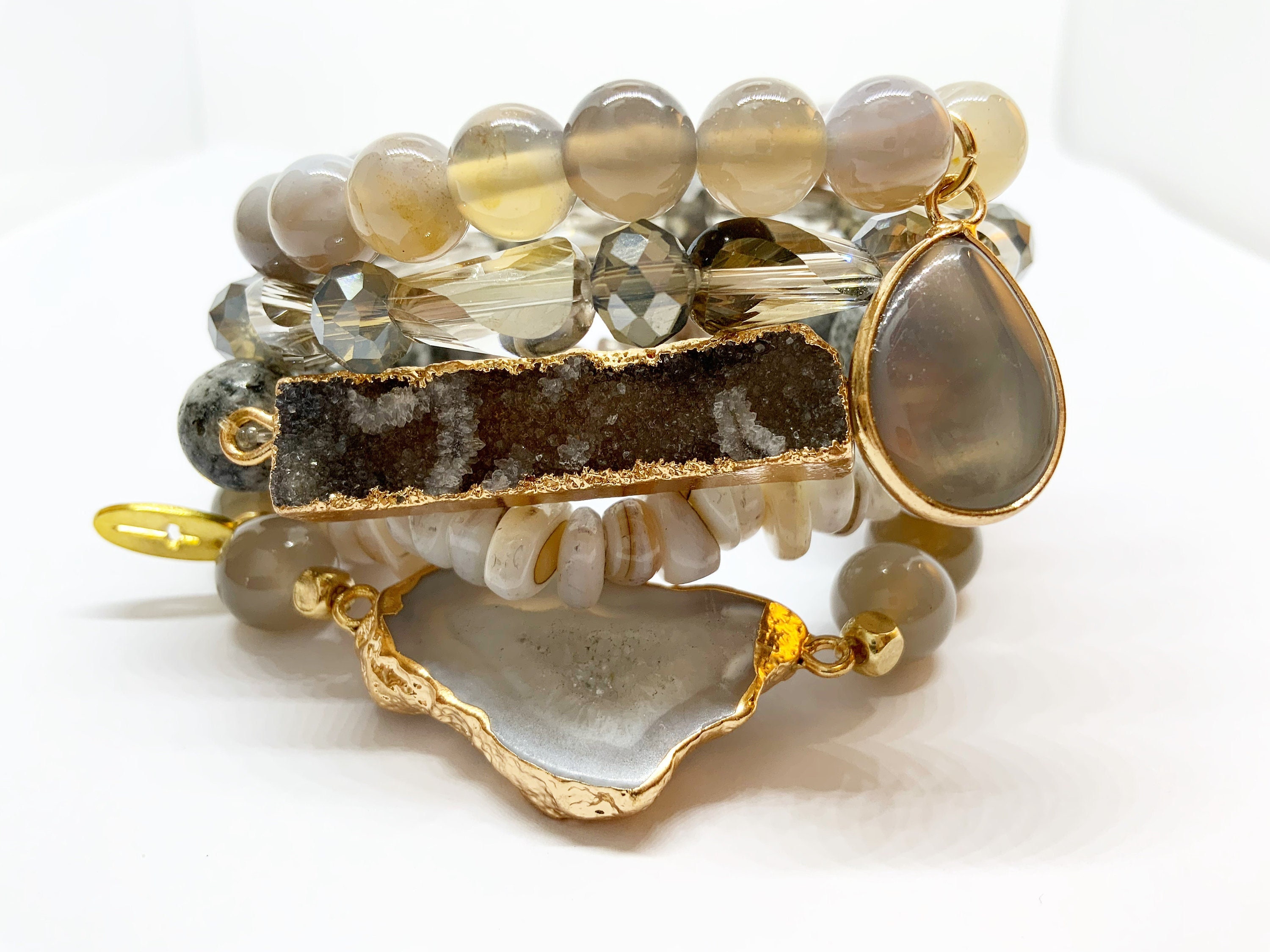 Grey Gemstone Stacked Bracelets Grey Agate Slice Bracelet Stack-5 Bracelet Stack-agate and ...