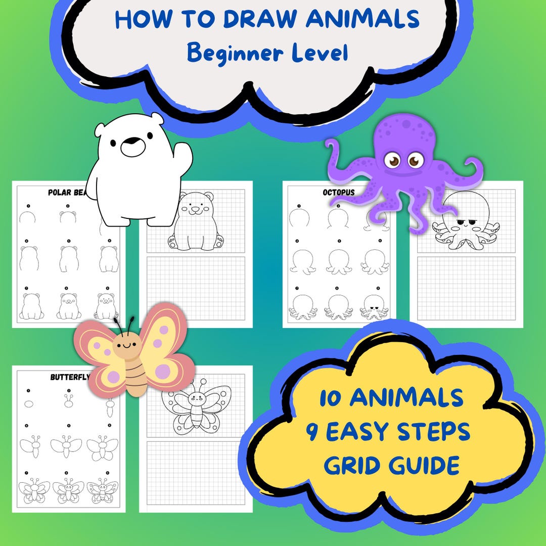 HOW TO DRAW 10 Easy Animals in 9 Simple Steps. A Basic Guide for Kids ...