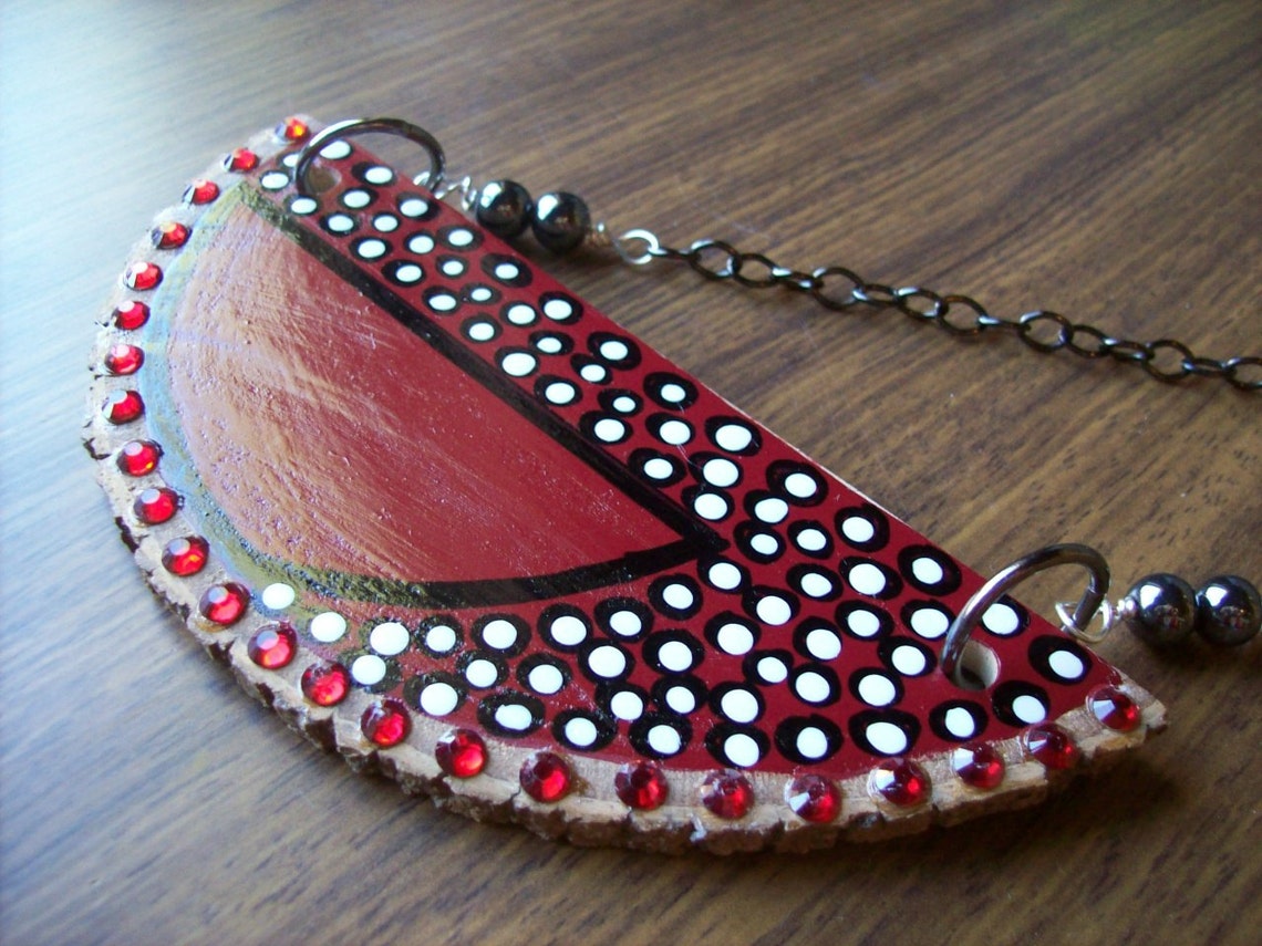Wood Pendant.golden Ash. Maroon Slice. Red Rhinestones. Hematite. - Etsy